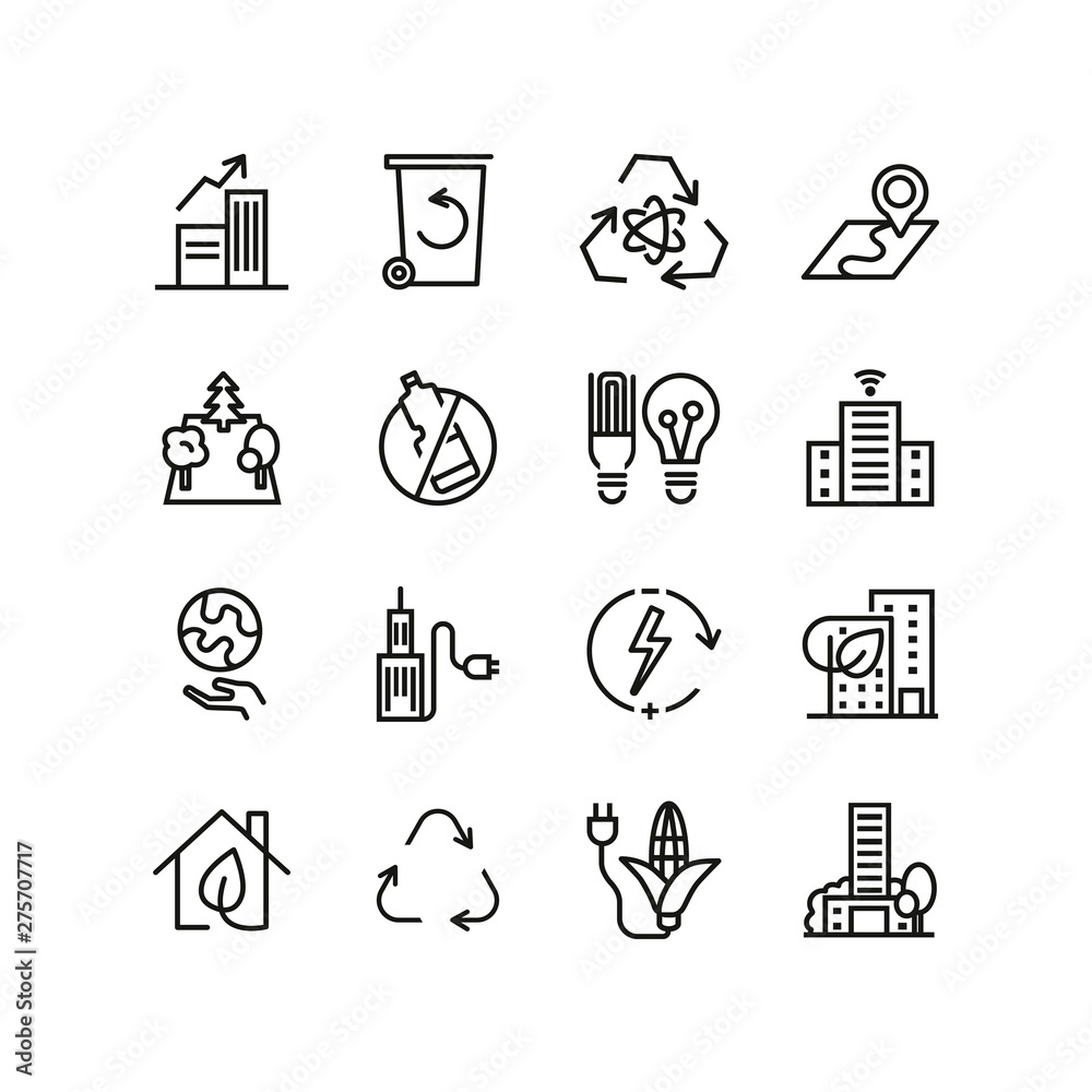Sustainable urbanization line icon set. Facility, town, power. City ...