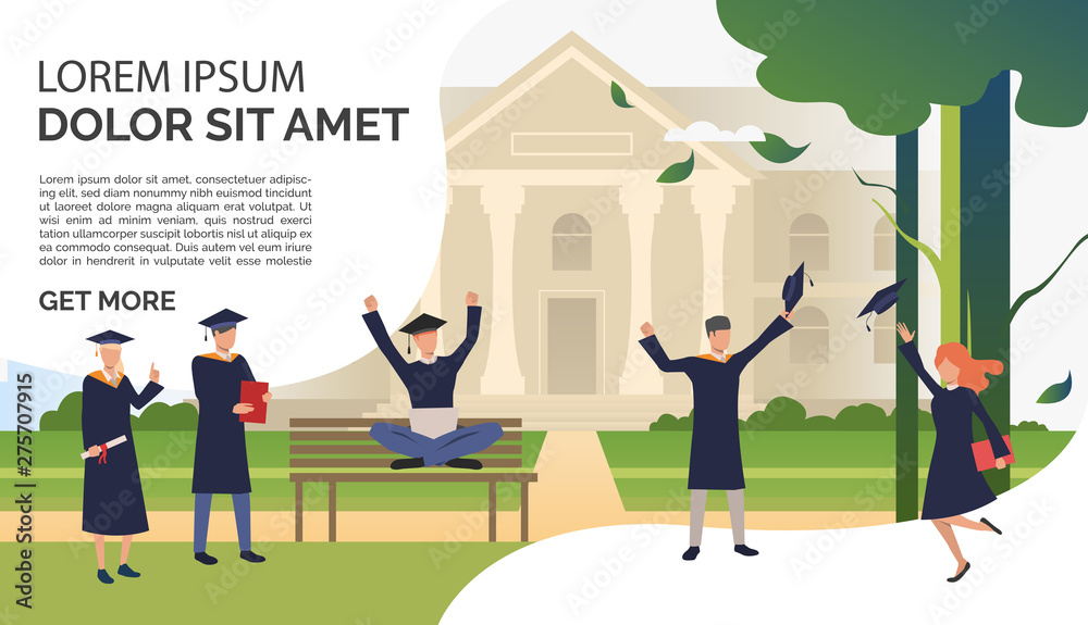 Cheerful students celebrating graduation in campus park. Information ...