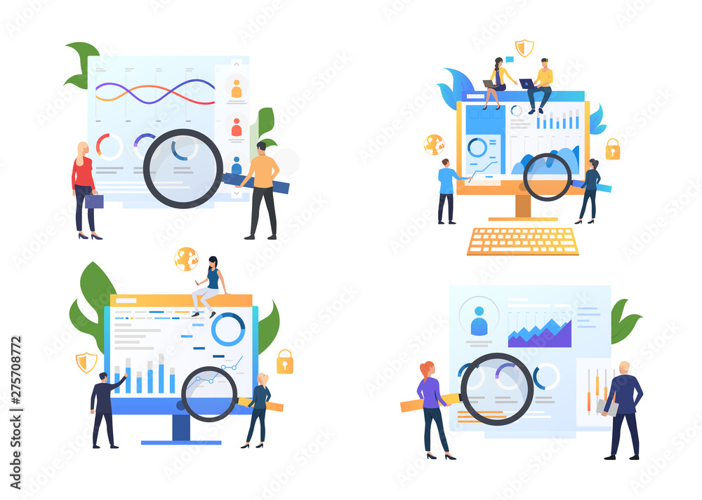 Collection of analysts at work. Group of financial specialists viewing ...