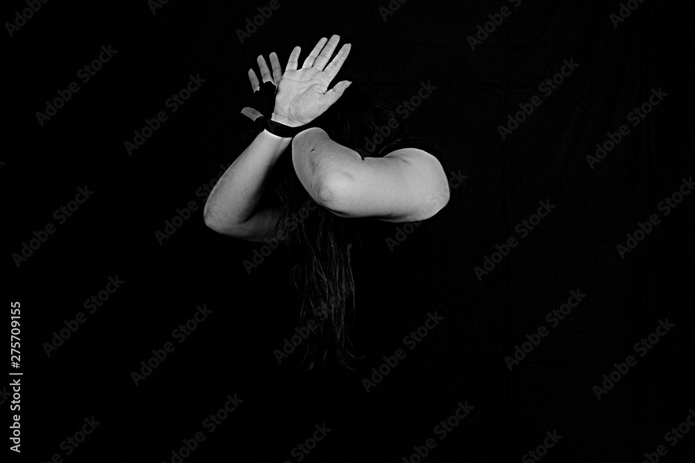 Victim with hands, victim of emotional stress and pain, abducted ...