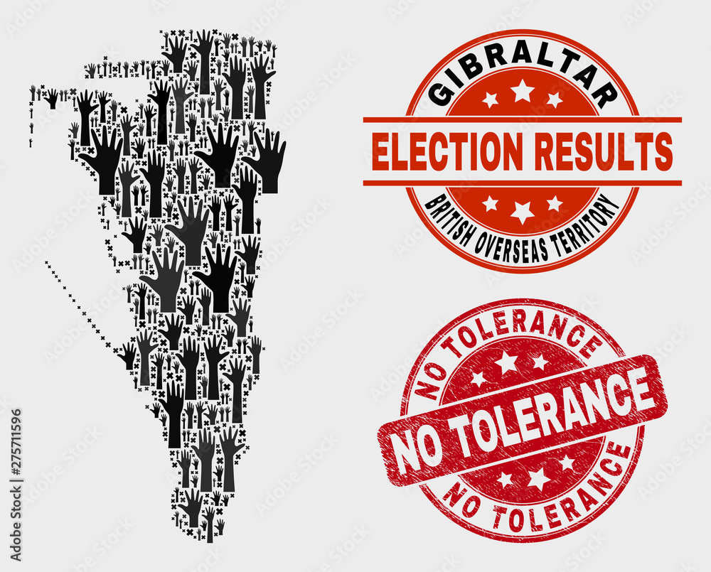 Election Gibraltar map and stamps. Red round No Tolerance grunge stamp ...