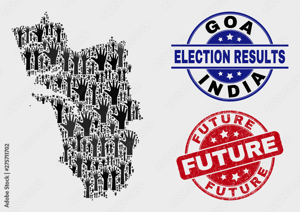 Political Goa State map and seal stamps. Red round Future scratched ...
