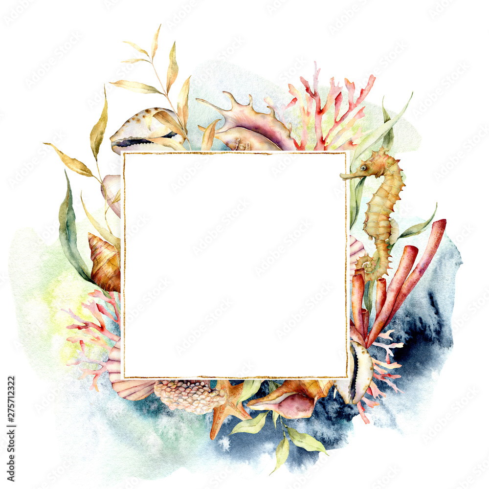 Watercolor border with coral reef plants and seahorse. Hand painted ...