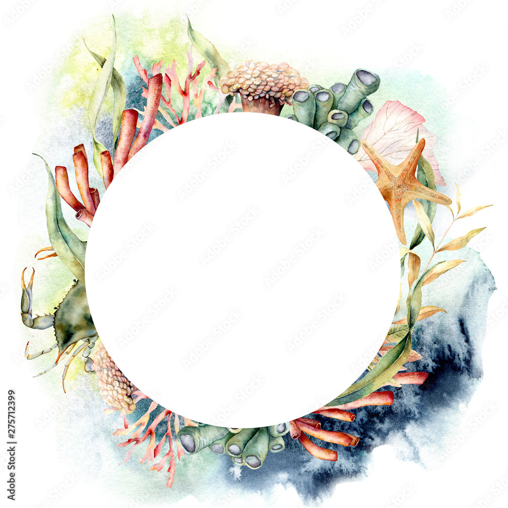 Watercolor circle border with coral reef plants and crab. Hand painted ...