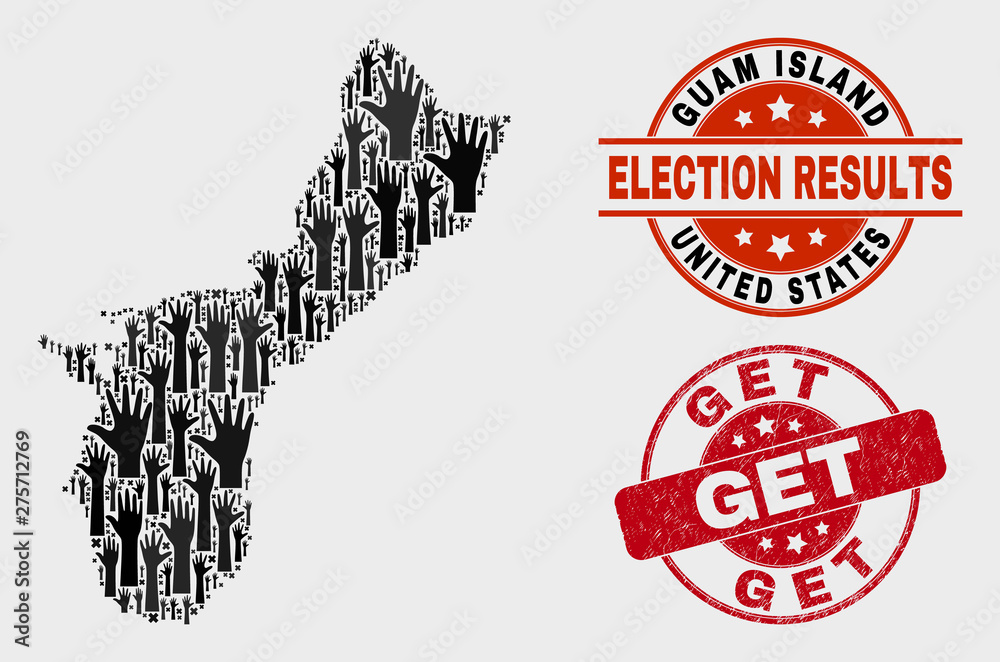 Election Guam Island map and seals. Red round Get scratched watermark ...