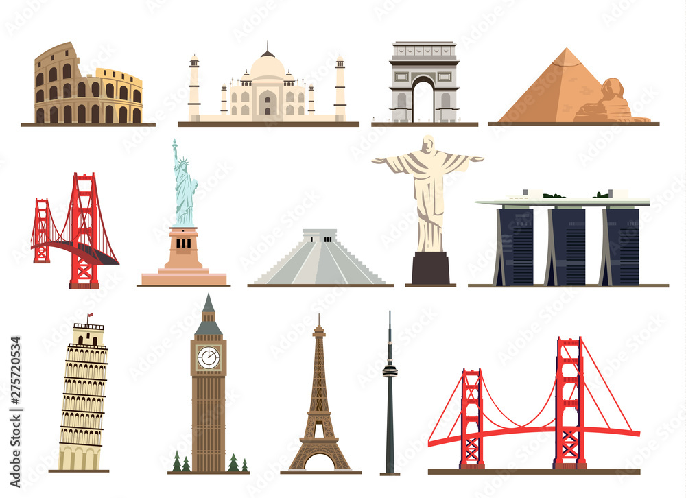 Big set of famous landmarks of the world isolated on white background ...