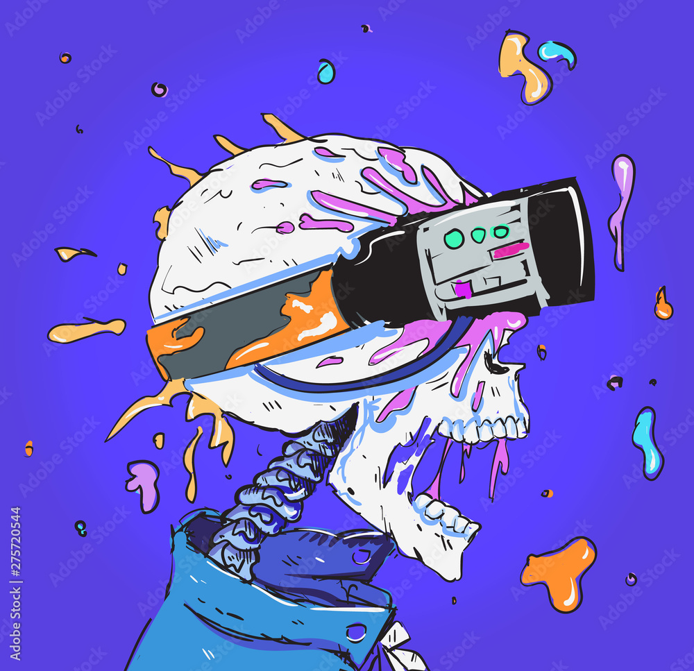 Skeleton in VR helmet-glasses with flying paint,abstract illustration ...