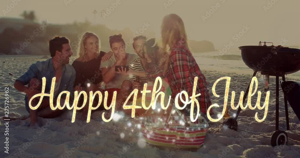 Happy 4th of July greeting and friends celebrating at the beach 4k ...