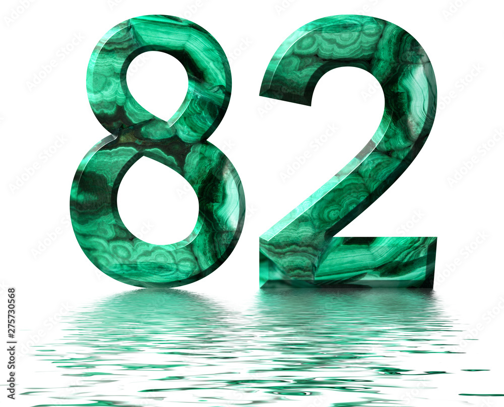 Arabic numeral 82, eighty two, from natural green malachite, reflected ...
