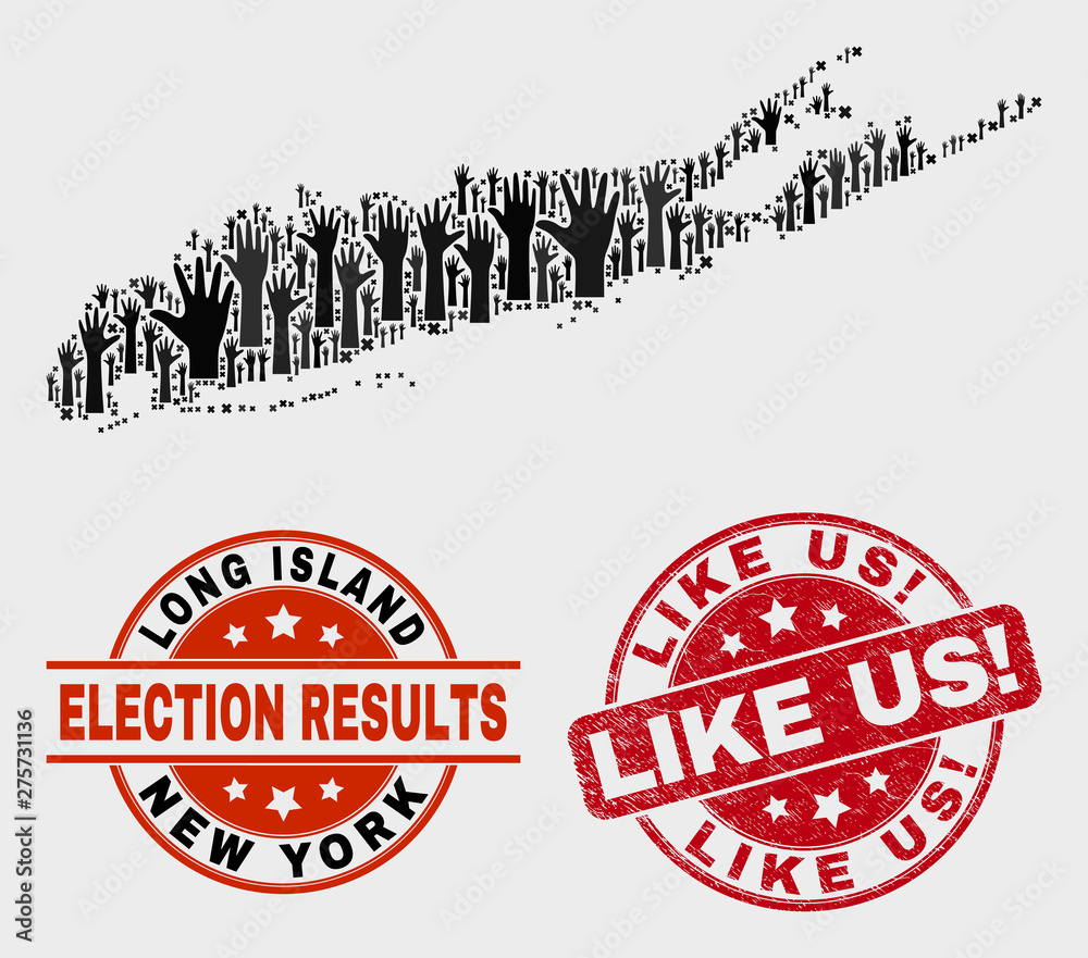 Election Long Island map and watermarks. Red round Like Us! grunge seal ...