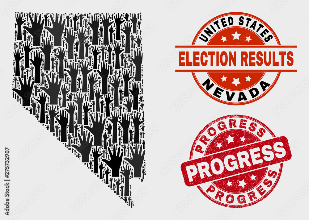 Vote Nevada State map and seals. Red round Progress grunge seal stamp ...