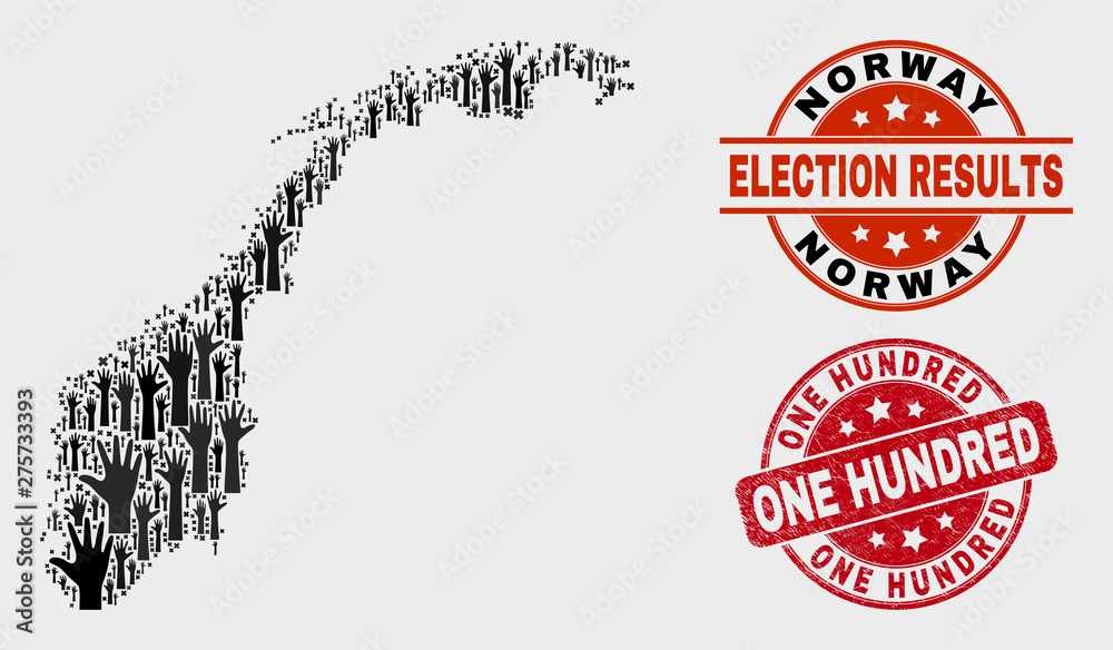 Election Norway map and seal stamps. Red round One Hundred textured ...