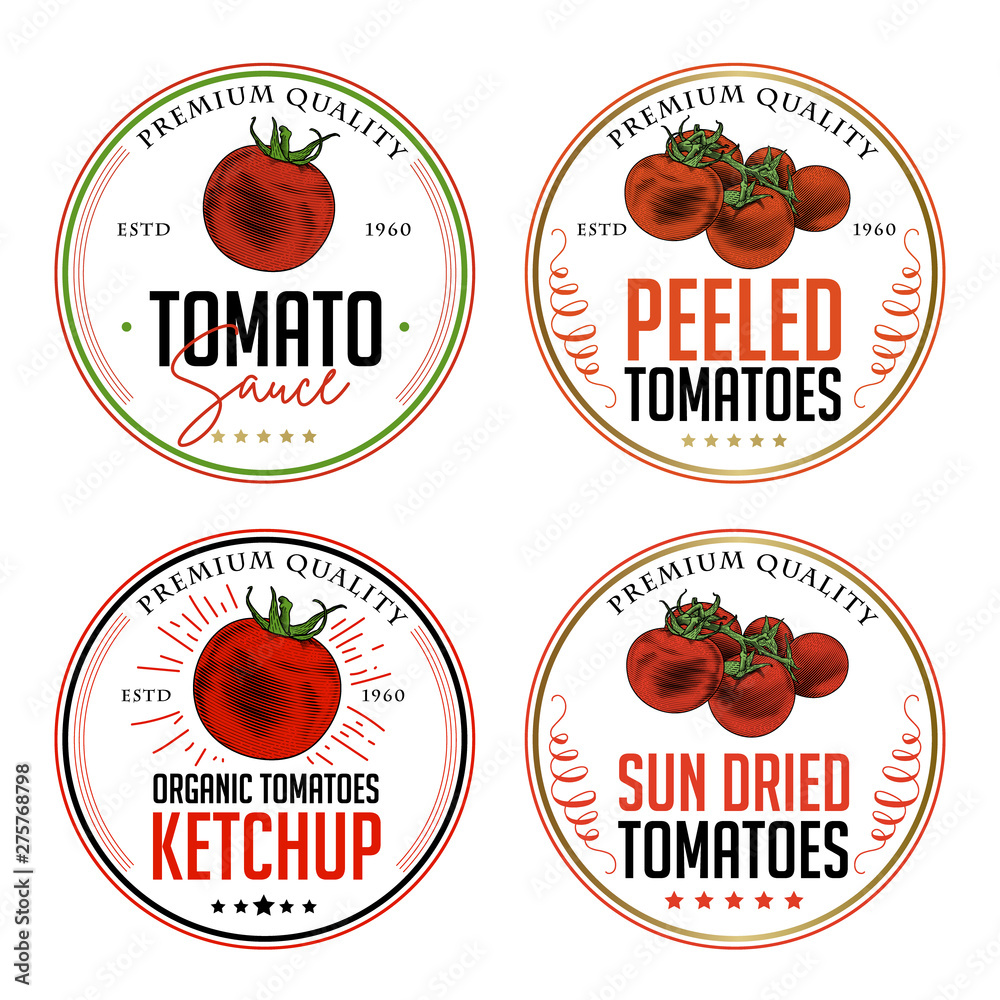 Tomato ketchup, sauce badge label design set. Vector hand drawn illustration of tomatoes in ...