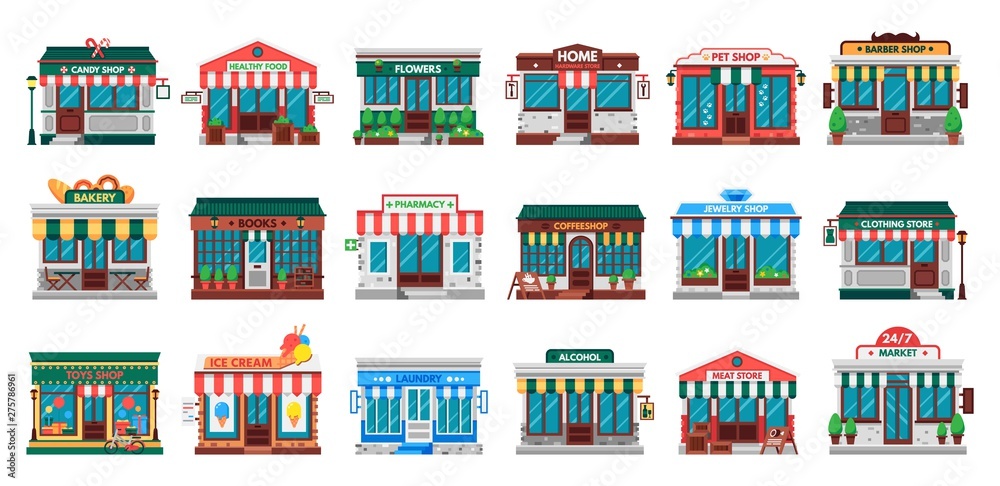 Shops facades. Laundry building, hardware store facade and pharmacy ...