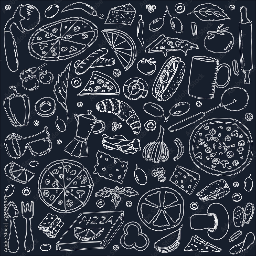 Vector background with breakfast, lunch, coffee, pizza, snacks. Useful ...