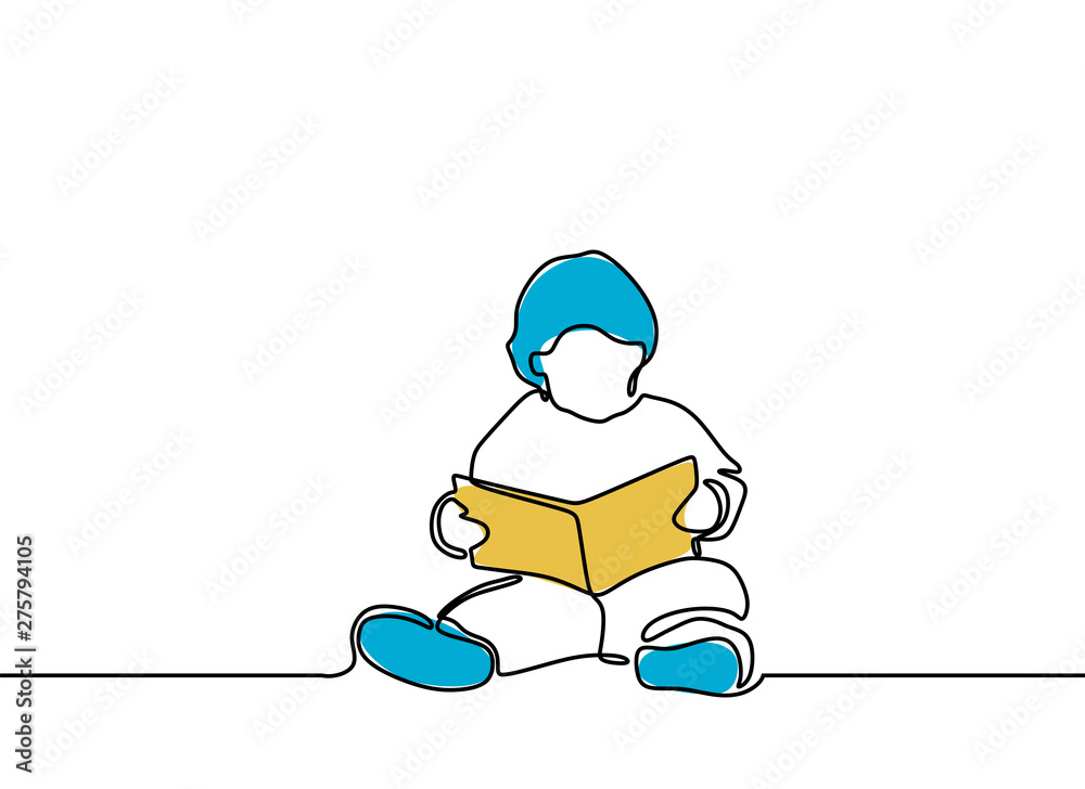 Continuous one line drawing children reading book. Kids read books with ...