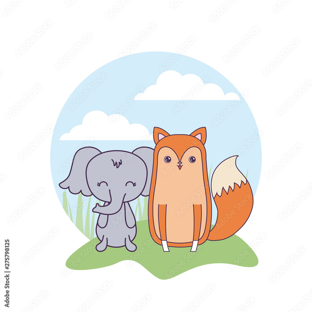 cute elephant with fox animals in landscape Stock Vector | Adobe Stock
