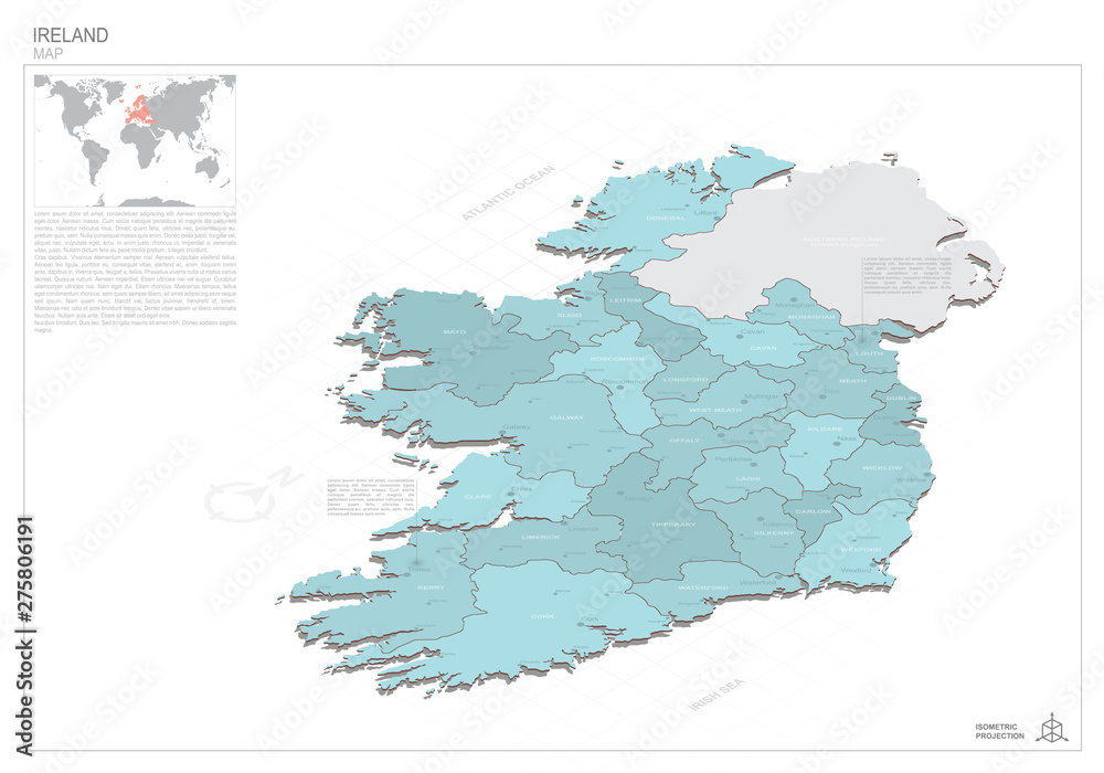 Ireland map with borders, administrative divisions, cities and pointer ...