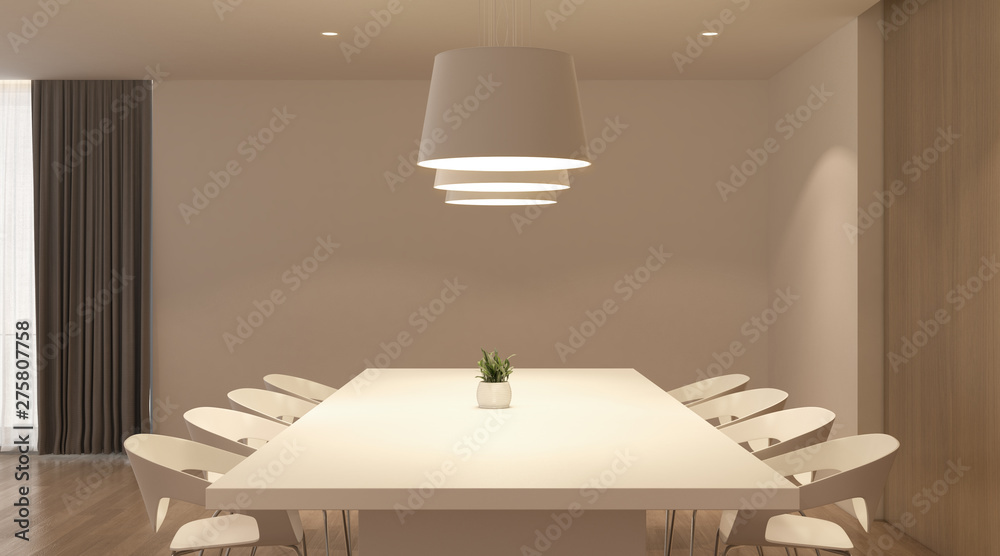 Perspective of white modern luxury room and kitchen with dining table ...