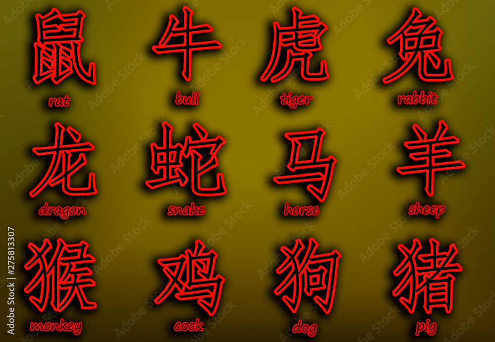Chinese elements of the zodiacs, hieroglyphs tiger, bull, dragon, snake ...