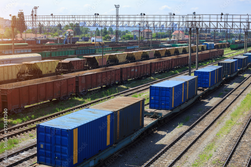 Freight trains on city cargo terminal. Railways in train parking. Arain ...