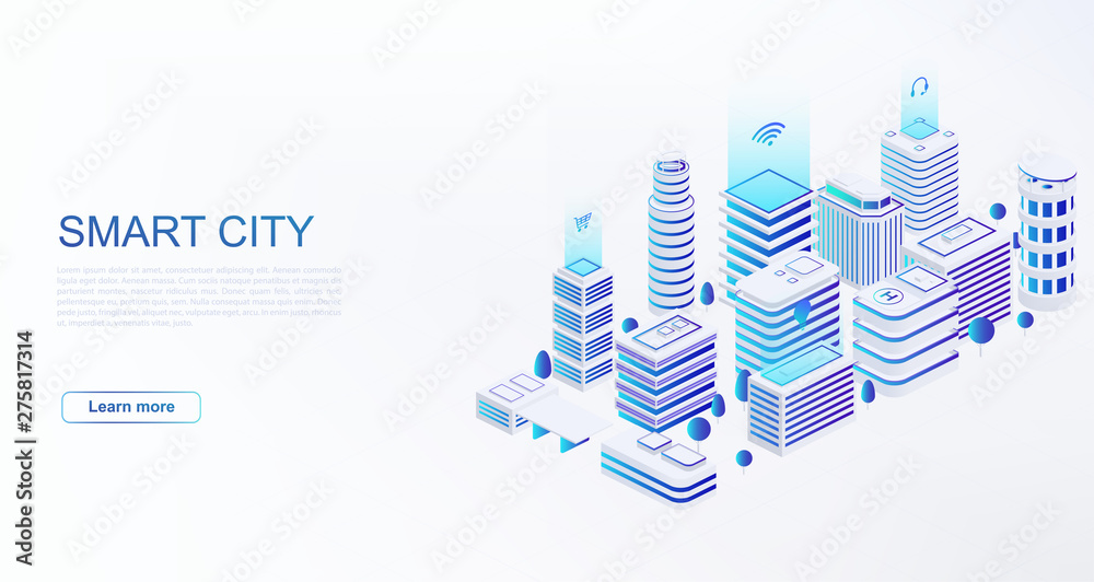 Smart city with intelligent buildings connected to computer network ...