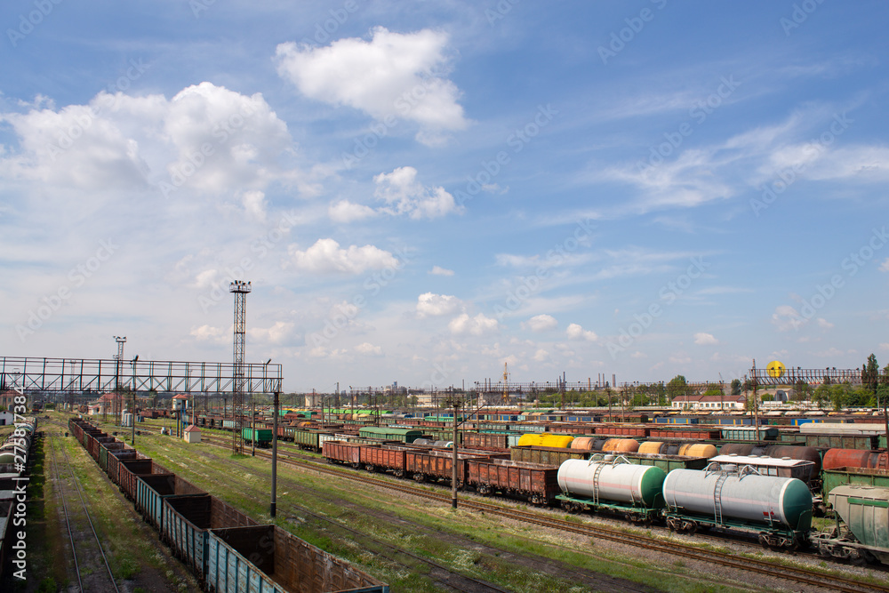 Freight trains on city cargo terminal. Railways in train parking. Arain ...