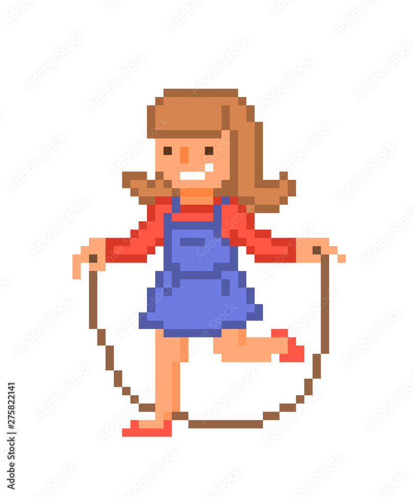Little girl in red shirt and blue denim sundress jumping with skipping ...