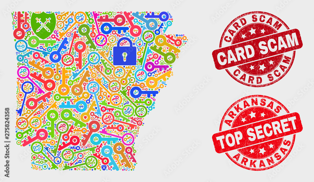 Guard Arkansas State map and stamps. Red round Top Secret and Card Scam ...