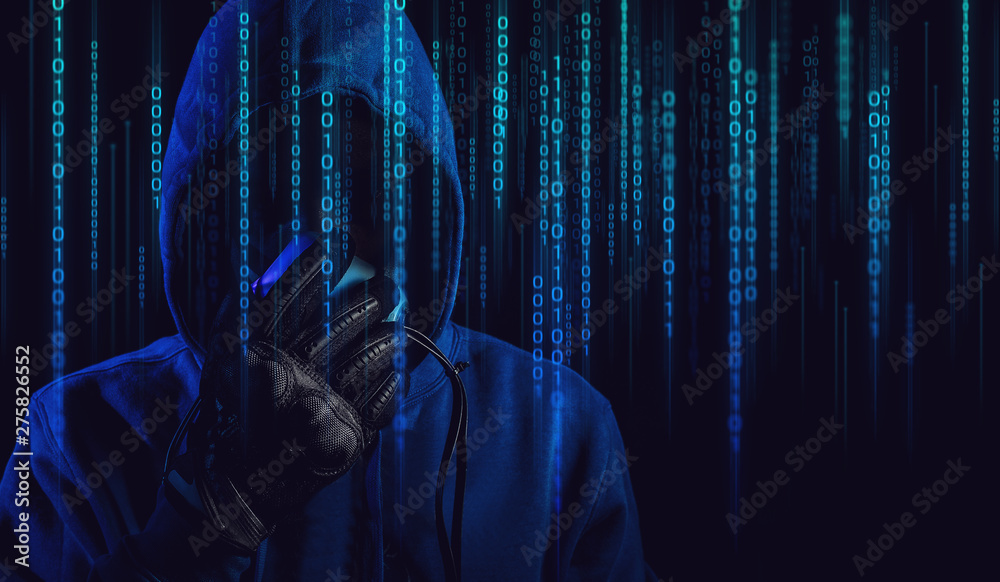 data deep learning, internet hacker with blue hood outfit and mask with ...