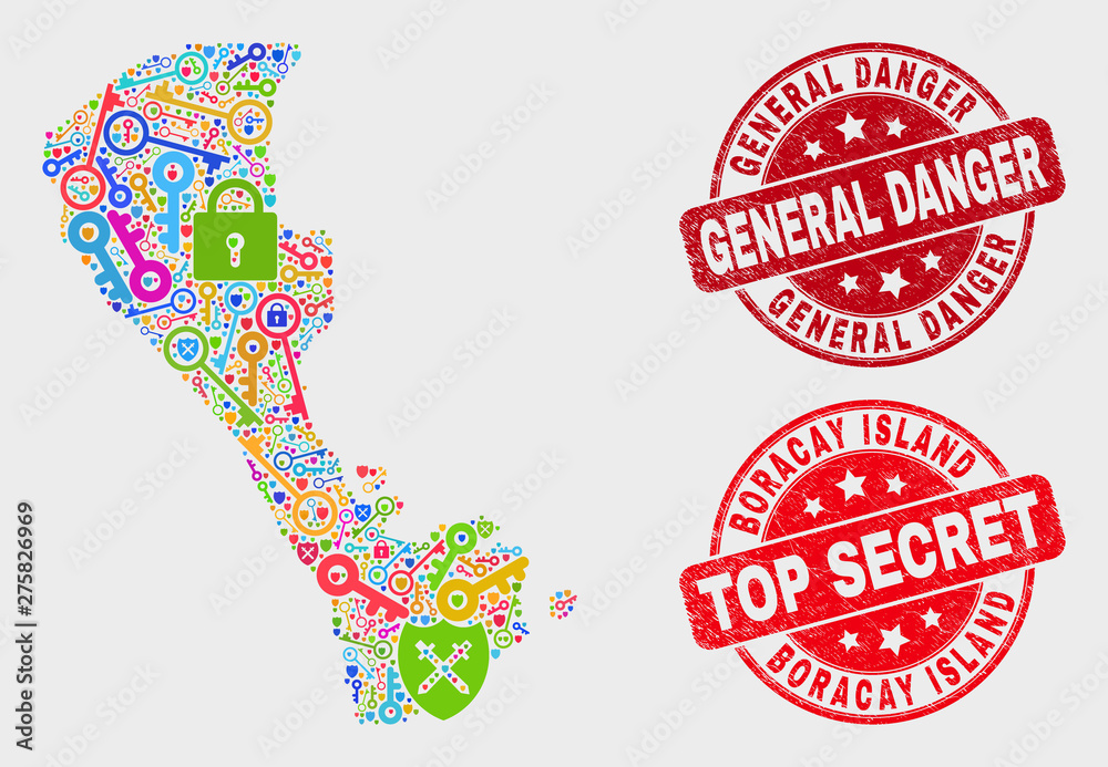 Safety Boracay Island map and stamps. Red round Top Secret and General ...