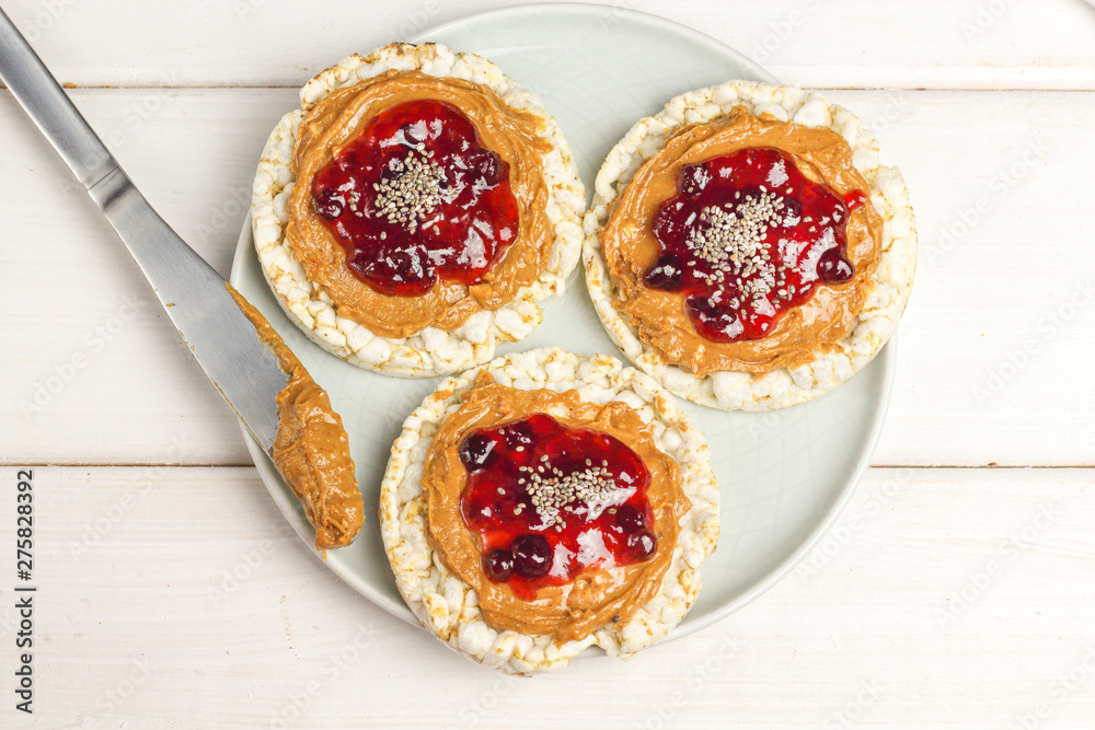 crunchy natural peanut butter strawberry jam jelly sandwich with chia ...