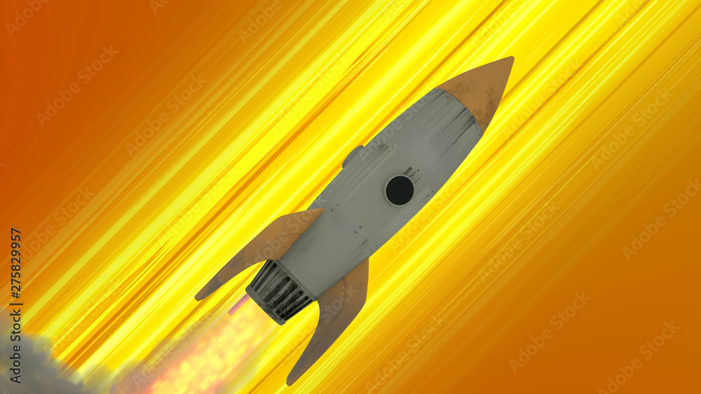 Rocket Ship Flying Through Space. Yellow Diagonal Anime Speed Lines. 3d ...