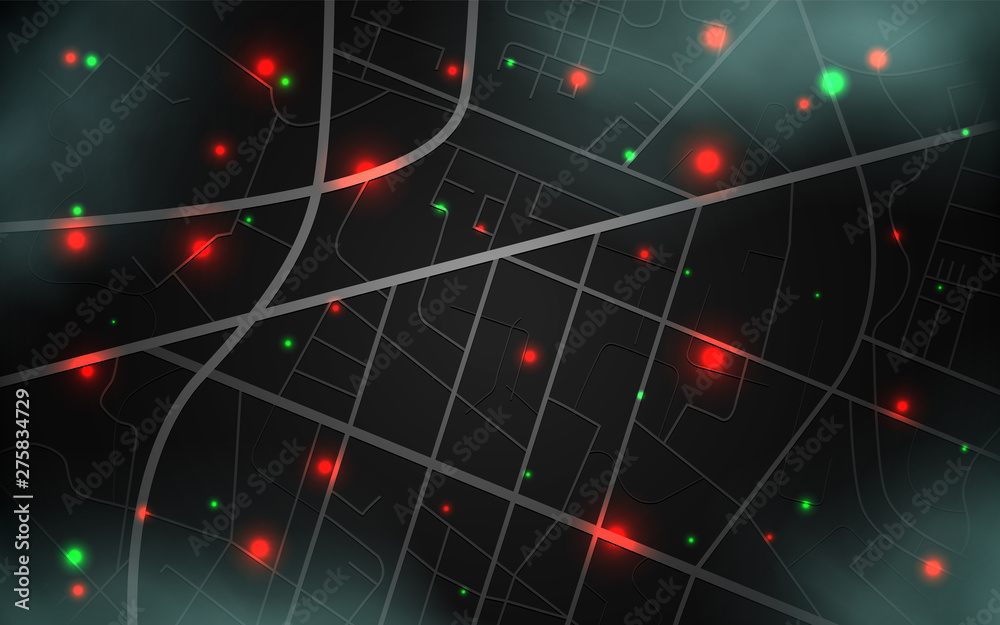 City map with location of objects. Spy technology background. Spy ...
