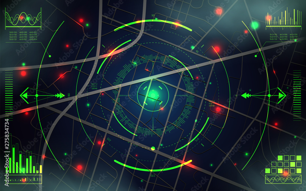 Futuristic GPS geolocation interface with crosshair. City map with ...