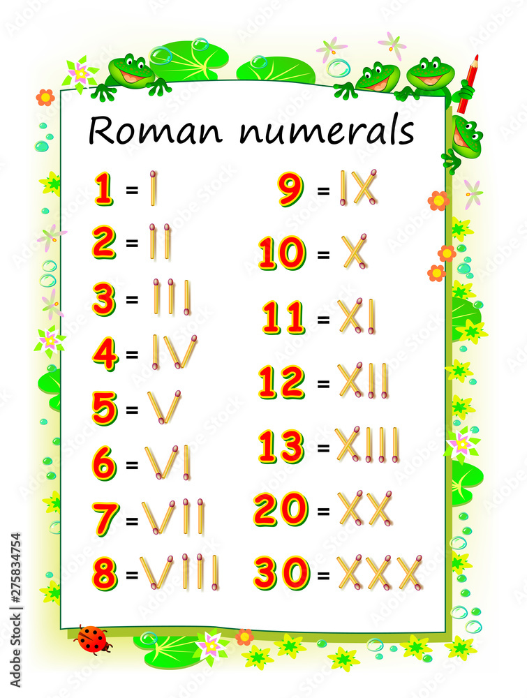 Educational page for children to study Roman numerals. Printable ...
