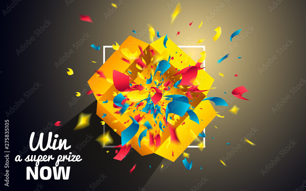 Win a Super Prize now. Surprise Box with colorful confetti explosion on ...