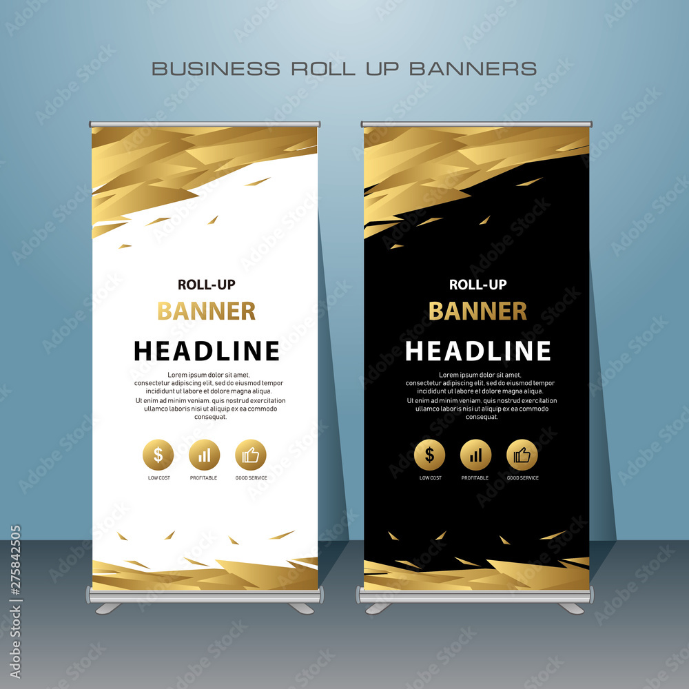 Gold Roll up banner design template, vertical gold banner, abstract ...