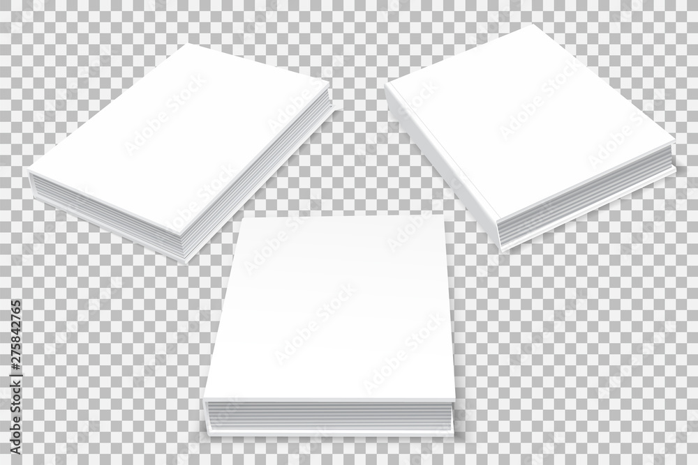 Three paper books are hardcover, in three angles. An empty, white ...