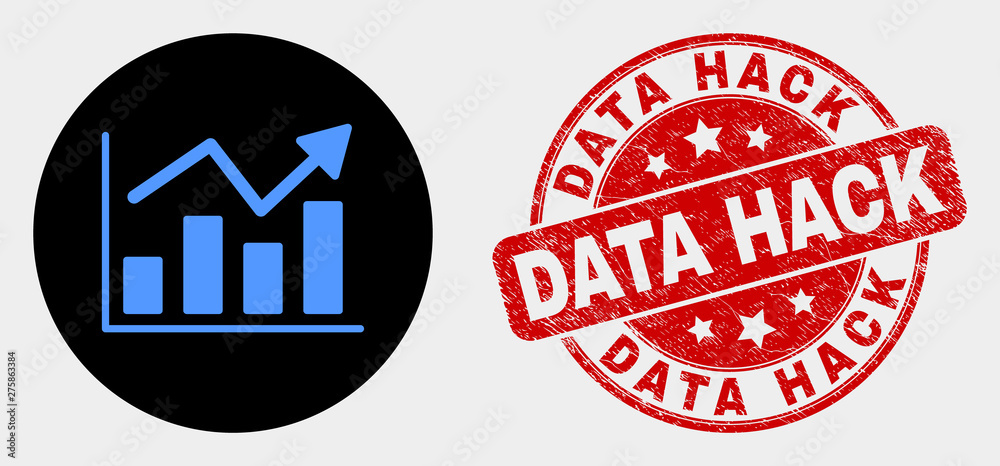 Rounded trend chart icon and Data Hack seal stamp. Red rounded ...