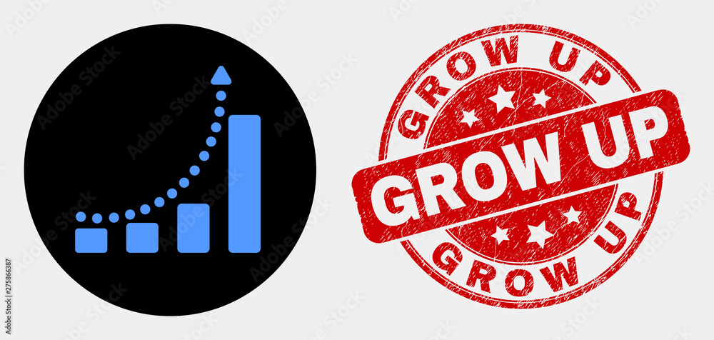 Rounded growing chart trend icon and Grow Up seal. Red rounded textured ...