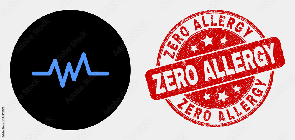 Rounded pulse signal icon and Zero Allergy seal stamp. Red rounded ...