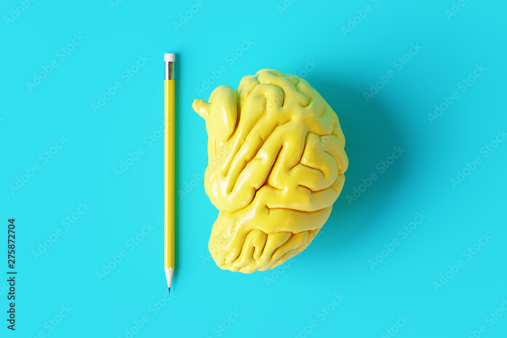 Pencil with brain on blue background. Creative idea. Minimal concept ...