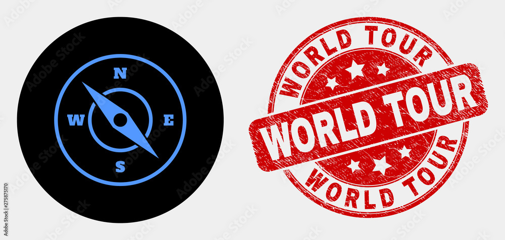 Rounded compass icon and World Tour seal. Red rounded textured stamp ...