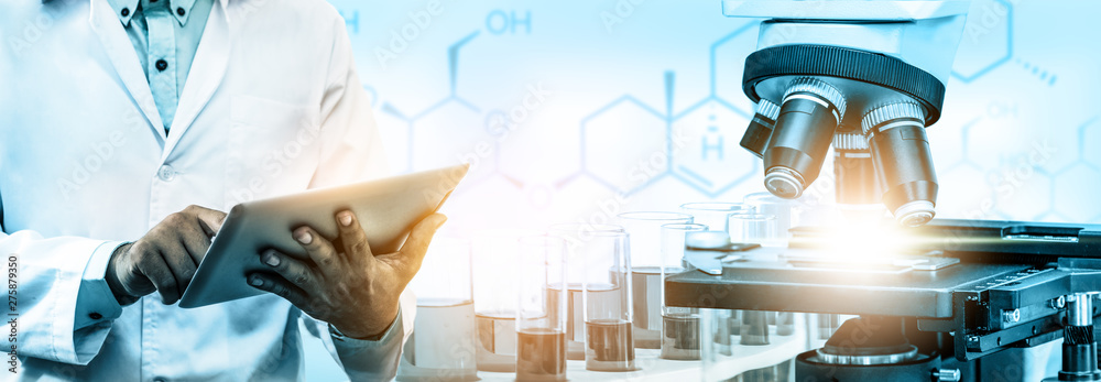 Research and development concept. Double exposure image of scientific ...