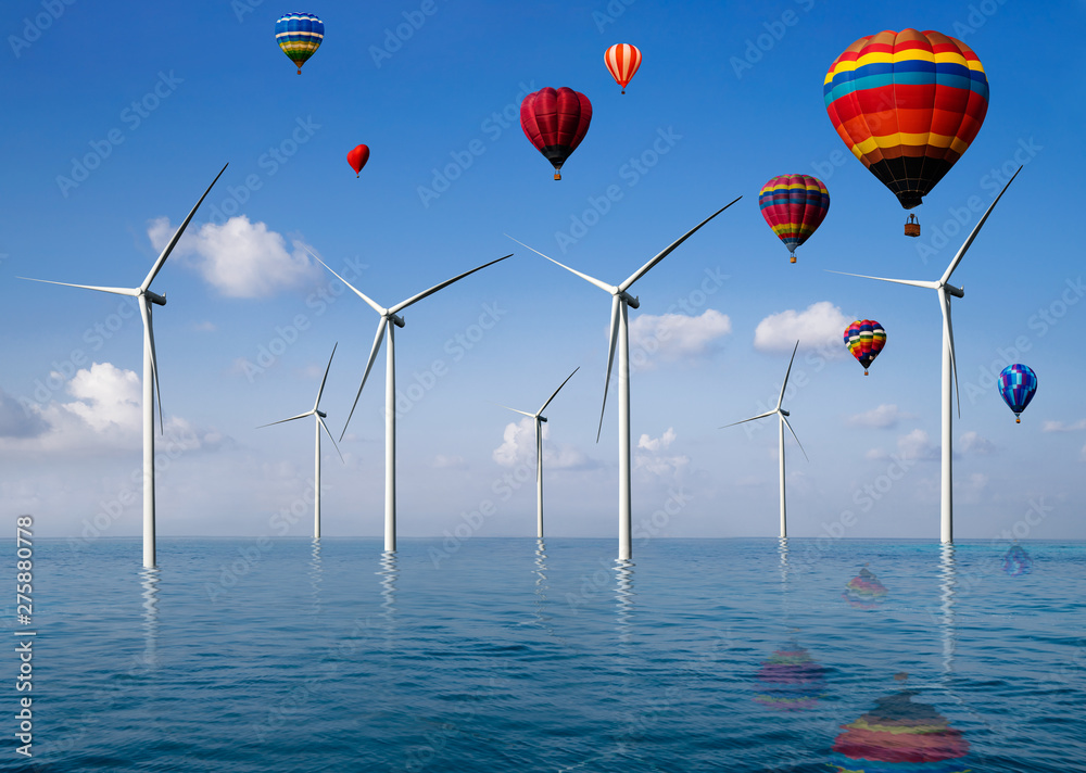 Wind turbine farm power generator in beautiful nature landscape for ...