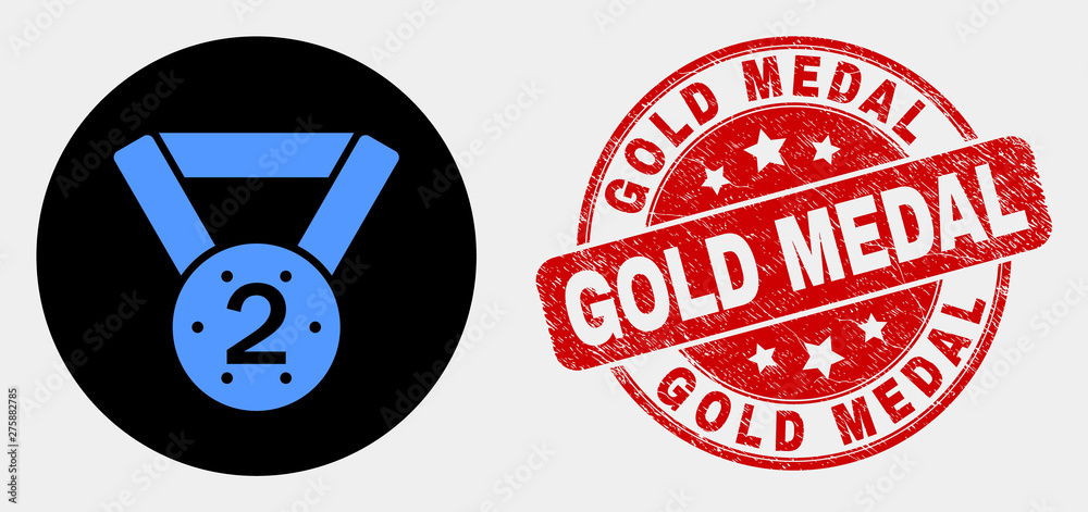 Rounded 2nd place medal pictogram and Gold Medal seal stamp. Red round ...