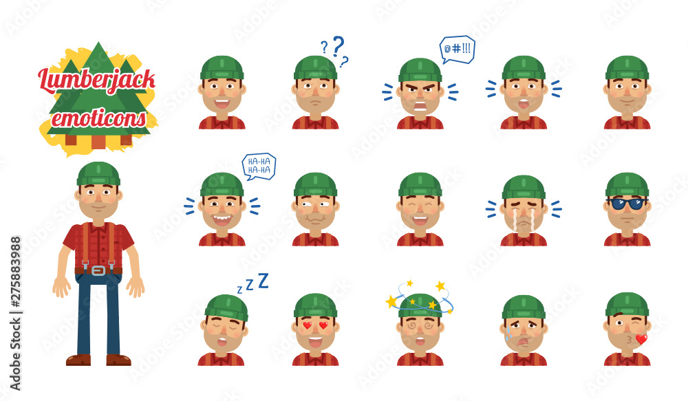 Big set of lumberjack emoticons. Woodcutter emojis showing different ...