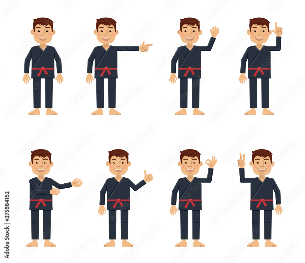 Set of karate characters showing different hand gestures. Cheerful ...