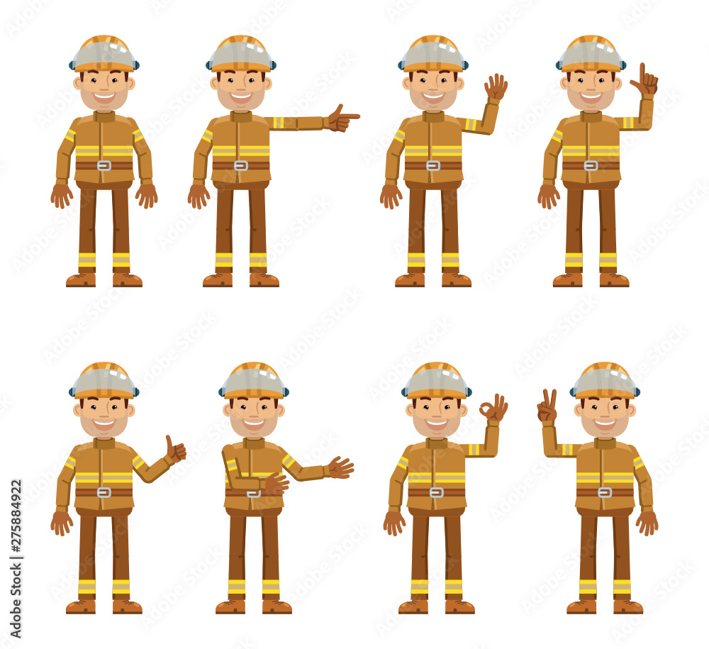 Set of firefighter characters showing different hand gestures. Cheerful ...